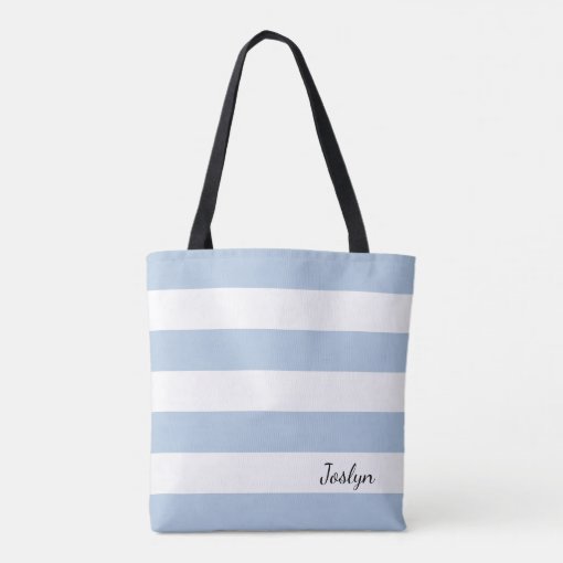 Personalized Powder Blue and White Striped Tote | Zazzle