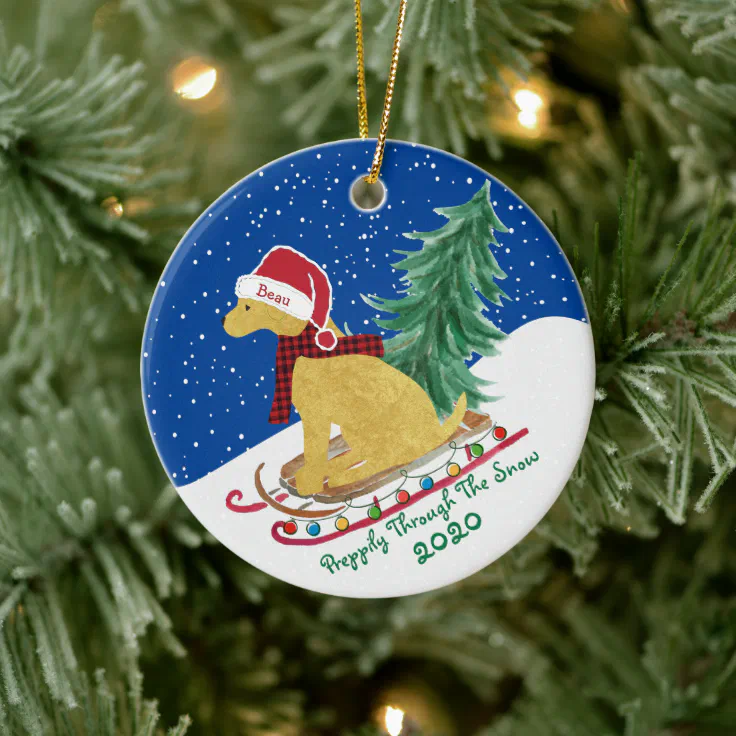 Personalized Preppy Golden Retriever Xmas Sled Ceramic Ornament | Zazzle