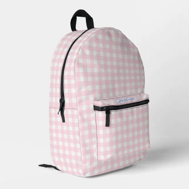 Personalized preppy grandmillennial pink gingham printed backpack | Zazzle
