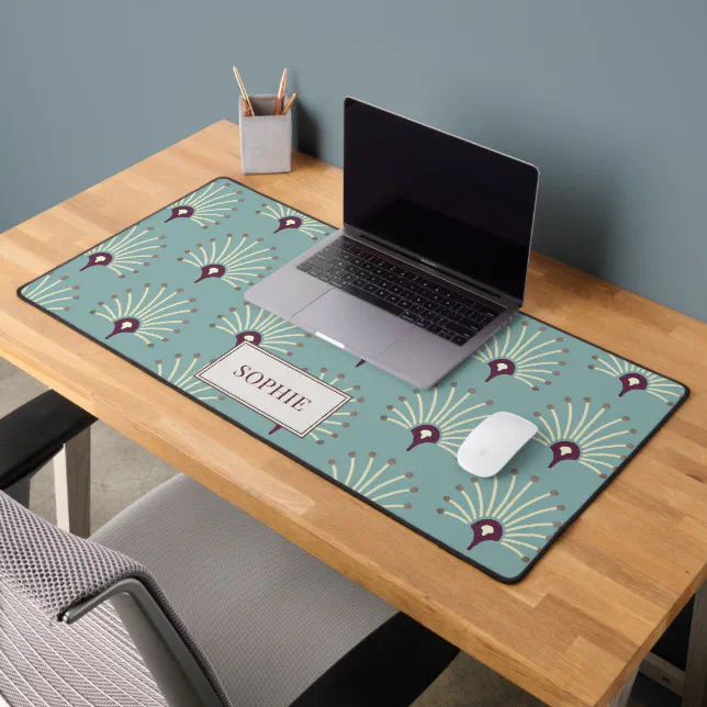 Personalized Pretty Fan Pattern Violet On Blue Desk Mat | Zazzle