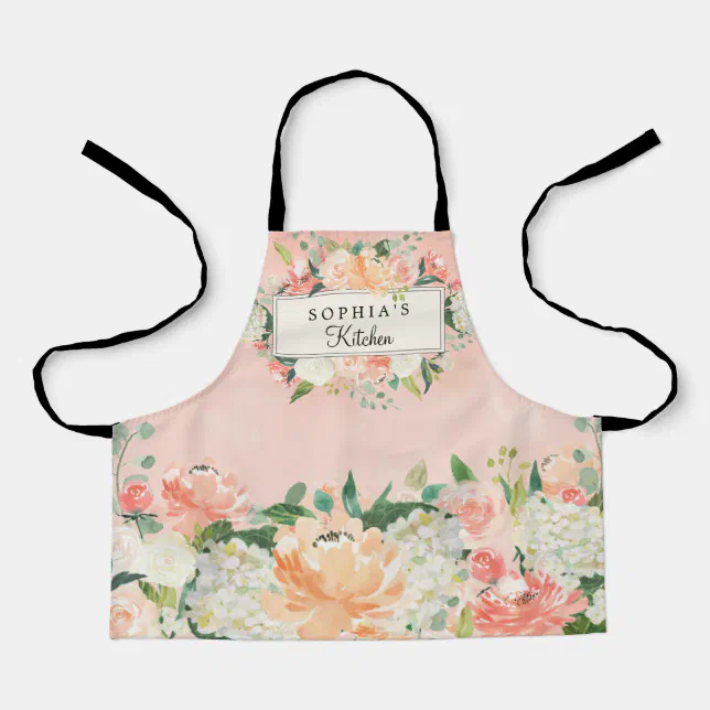 Personalized Pretty Peach Floral Kitchen Apron | Zazzle