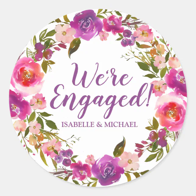 Personalized Purple Floral Engagement Sticker | Zazzle