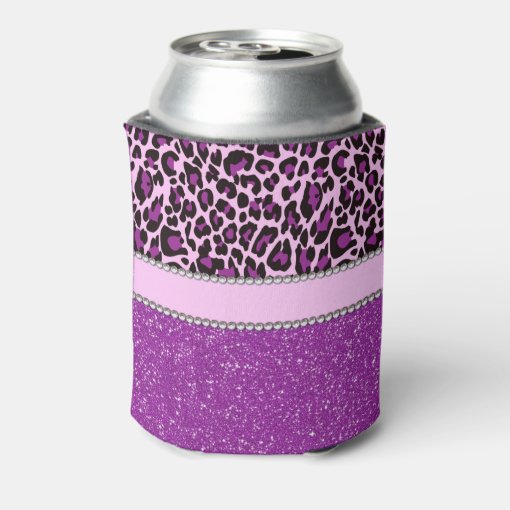 Personalized Purple Leopard Print Glitter Can Cooler | Zazzle