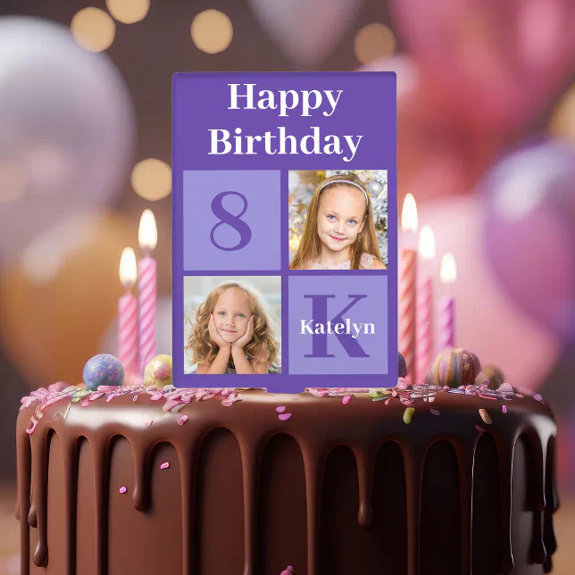 Personalized Purple Photo Happy Birthday Party Cake Topper | Zazzle