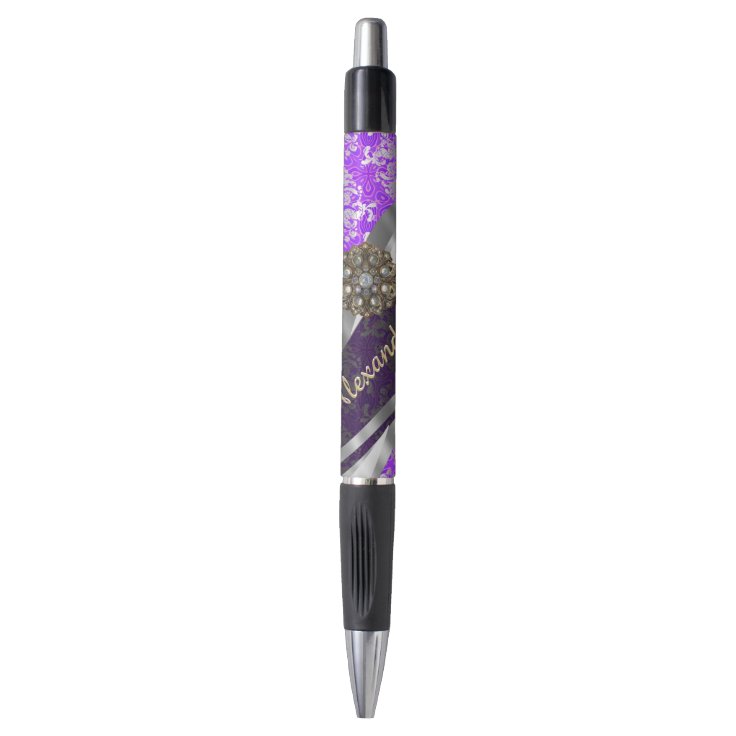 Personalized purple pretty girly damask pattern pen | Zazzle