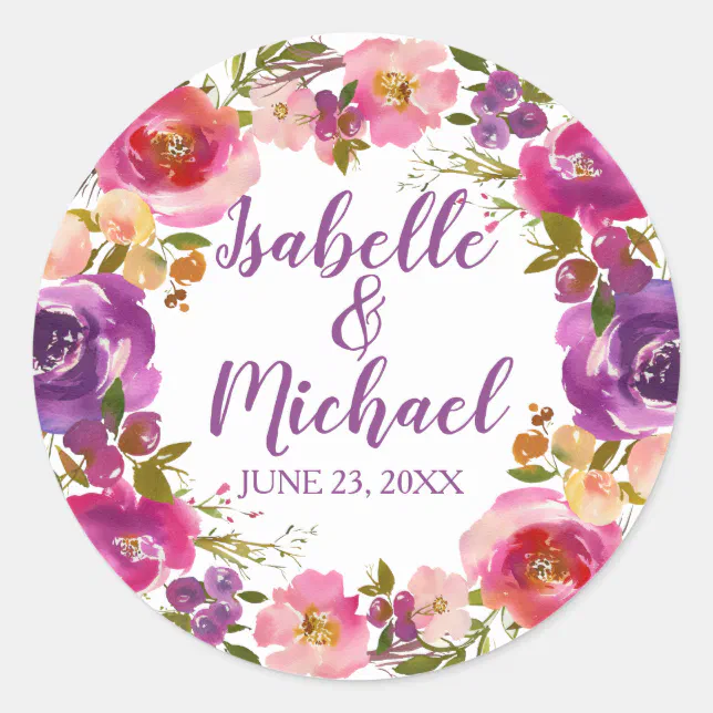 Personalized Purple Watercolor Floral Wedding Classic Round Sticker ...