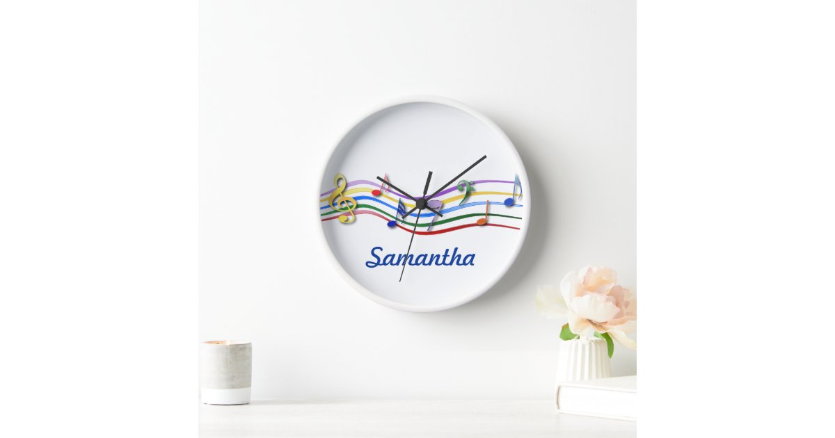 Personalized Rainbow Colored Music Notes Wall Clock | Zazzle