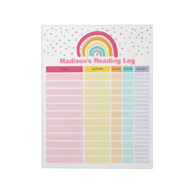 Personalized Rainbow Reading Log Homeschool Log Notepad | Zazzle