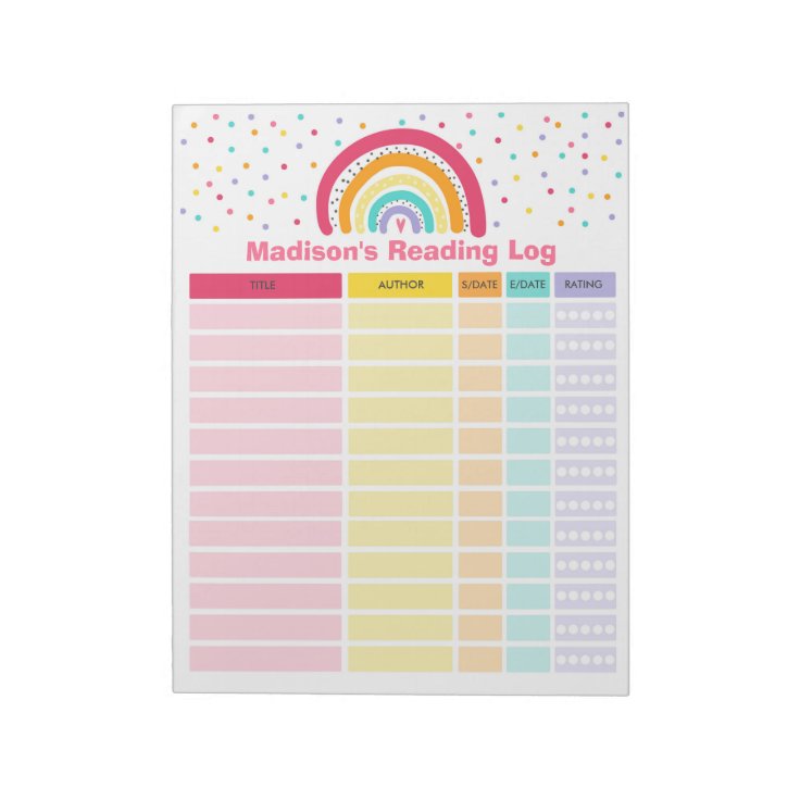 Personalized Rainbow Reading Log Homeschool Log Notepad | Zazzle