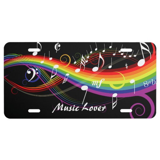 Personalized Rainbow White Music Notes on Black License Plate | Zazzle.com