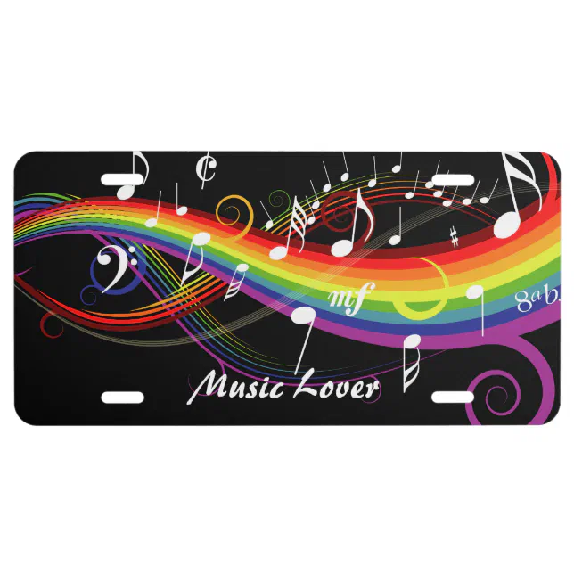 Personalized Rainbow White Music Notes on Black License Plate | Zazzle