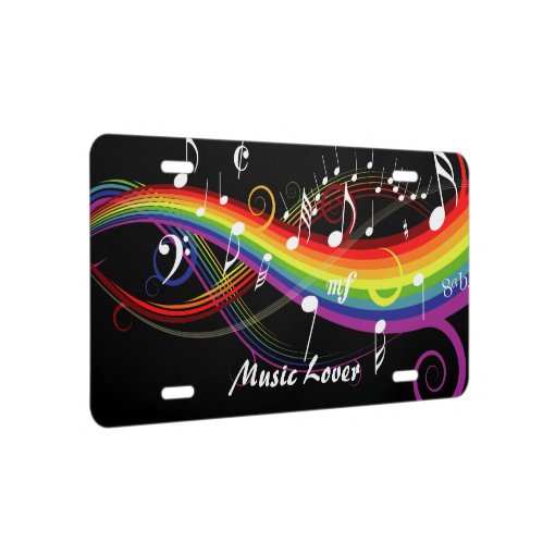 Personalized Rainbow White Music Notes on Black License Plate | Zazzle