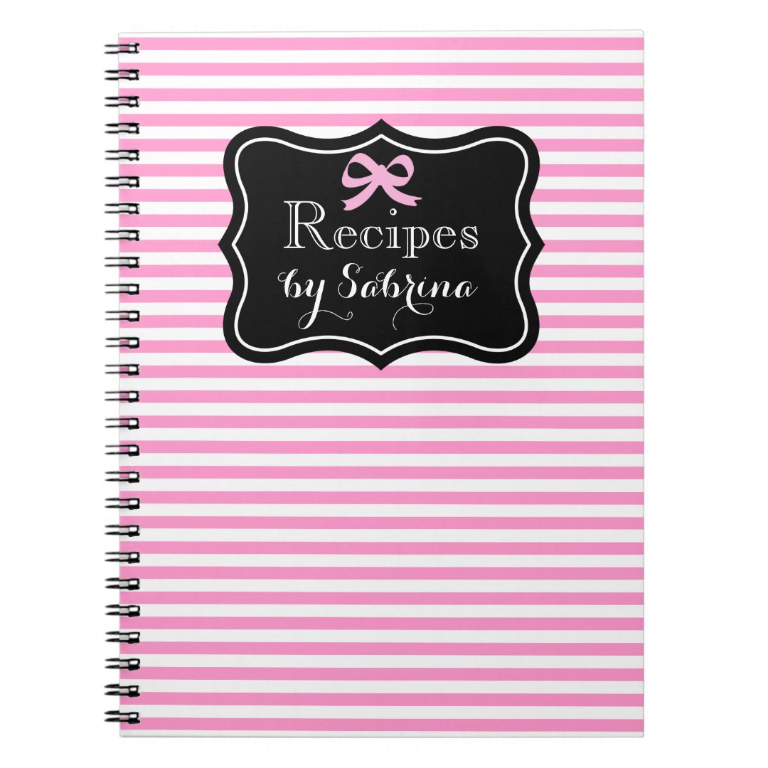 Personalized recipe notebook | Pink stripes & bow | Zazzle