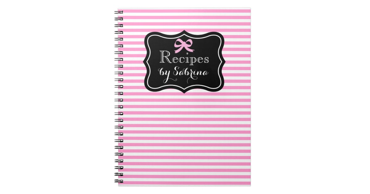 Personalized recipe notebook | Pink stripes & bow | Zazzle