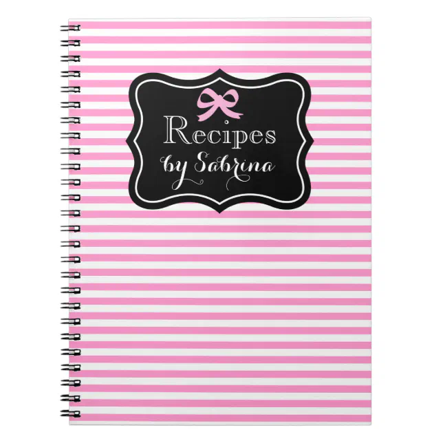 Personalized recipe notebook | Pink stripes & bow | Zazzle