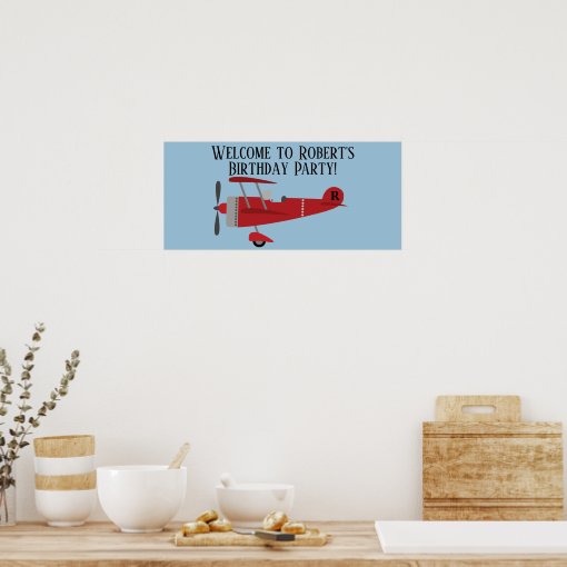 Personalized Red Airplane Blue Birthday Party Poster | Zazzle