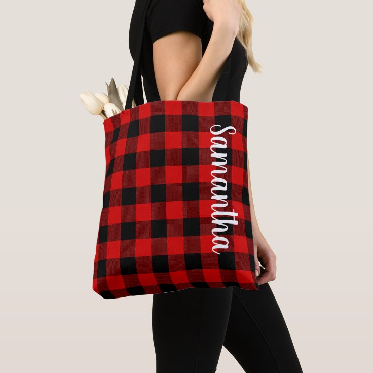 Personalized Red and Black Buffalo Check Tote Bag | Zazzle