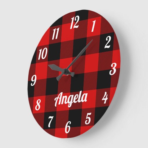 Personalized Red and Black Buffalo Plaid Large Clock | Zazzle