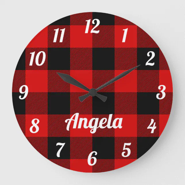 Personalized Red and Black Buffalo Plaid Large Clock | Zazzle