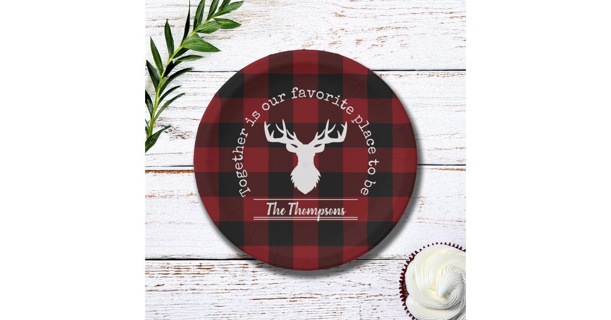 Personalized Red and Black Buffalo Plaid Paper Plates | Zazzle