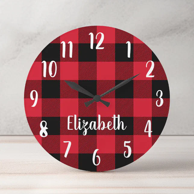 Personalized Red and Black Buffalo Plaid Round Clock | Zazzle