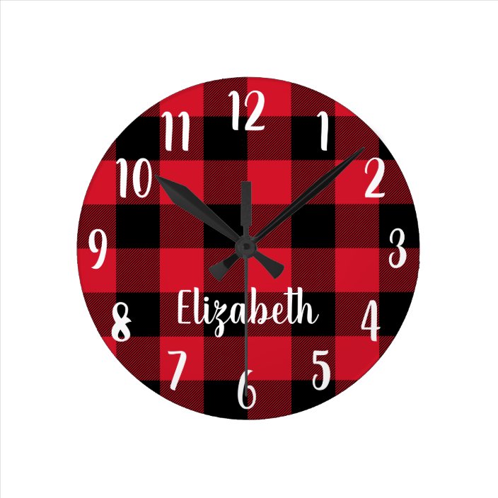 Personalized Red and Black Buffalo Plaid Round Clock | Zazzle.com