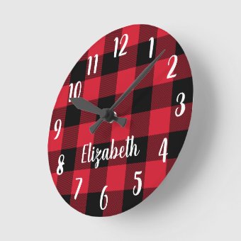 Personalized Red and Black Buffalo Plaid Round Clock | Zazzle