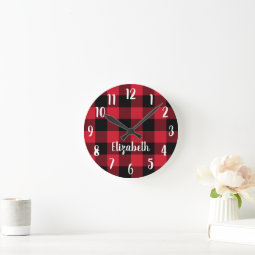 Personalized Red and Black Buffalo Plaid Round Clock | Zazzle