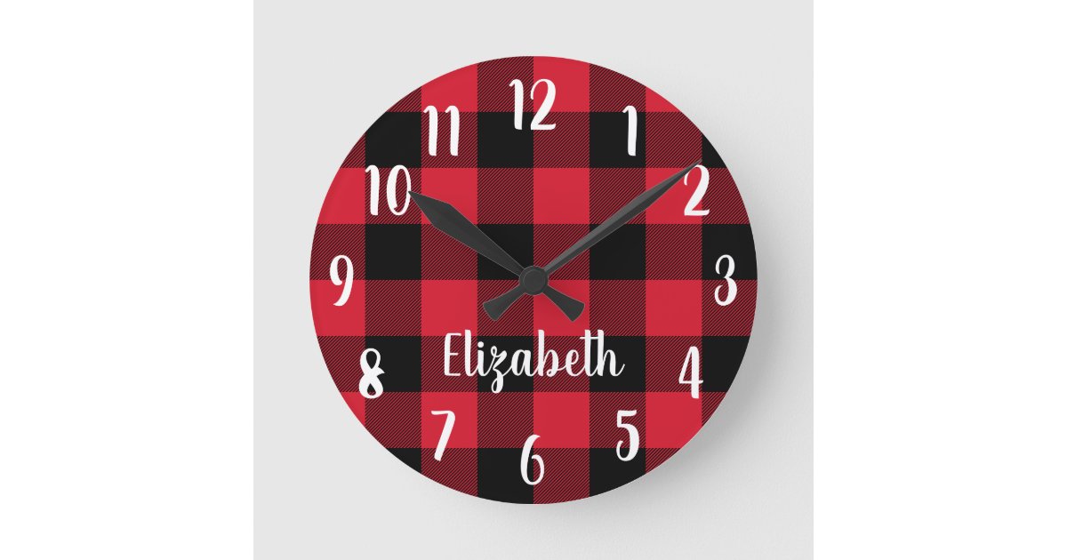 Personalized Red and Black Buffalo Plaid Round Clock | Zazzle