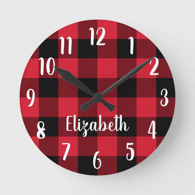 Personalized Red and Black Buffalo Plaid Round Clock | Zazzle