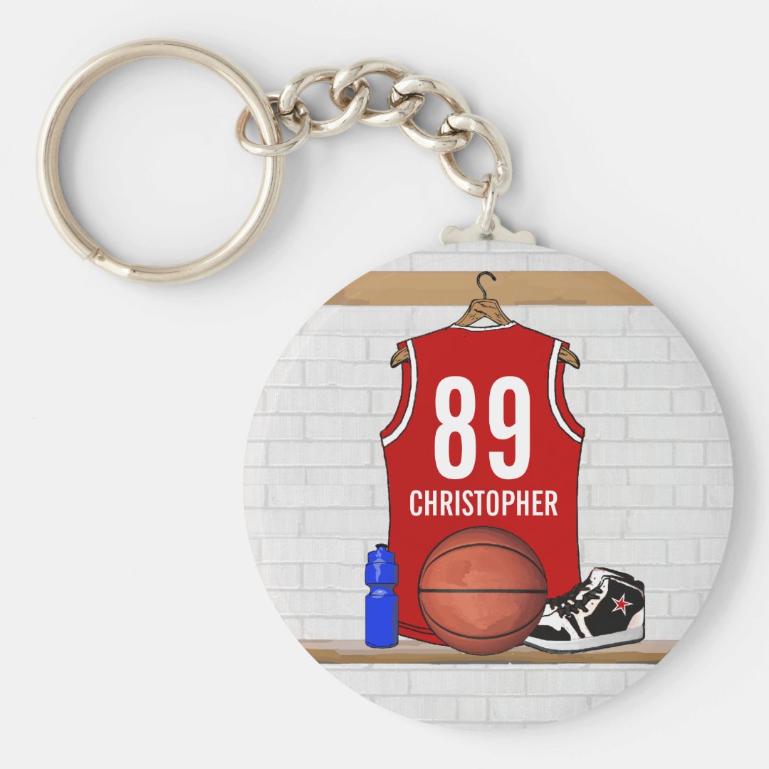 Personalized Red and White Basketball Jersey Keychain | Zazzle