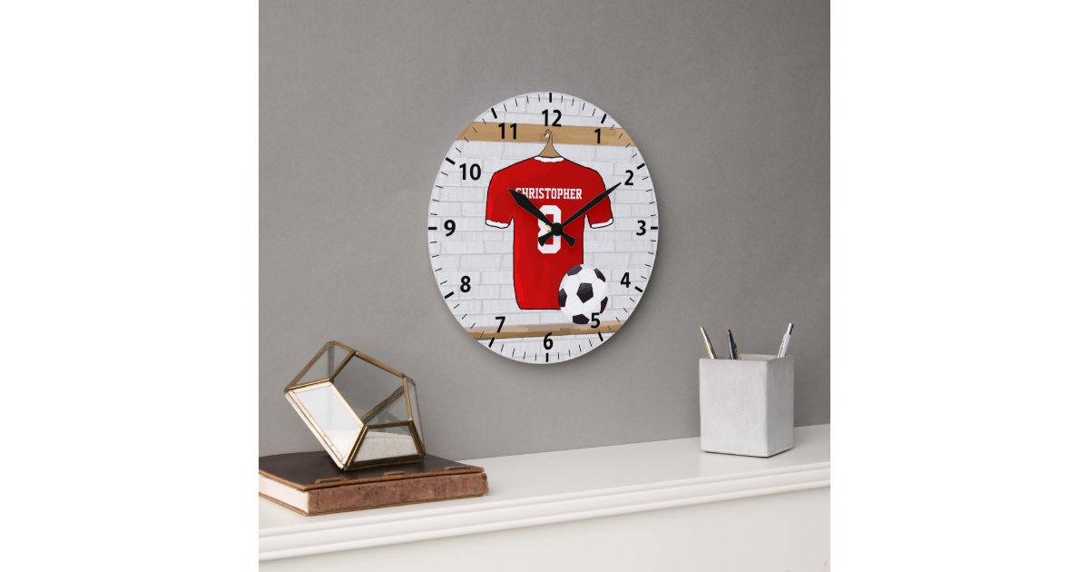 Personalized Red and White Football Soccer Jersey Large Clock | Zazzle