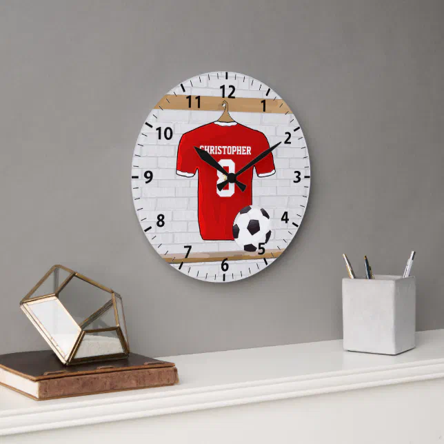 Personalized Red and White Football Soccer Jersey Large Clock | Zazzle