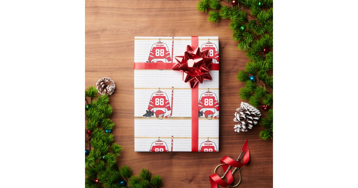 Personalized Red and White Ice Hockey Jersey Wrapping Paper | Zazzle