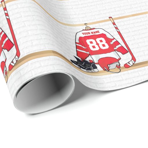 Personalized Red and White Ice Hockey Jersey Wrapping Paper | Zazzle