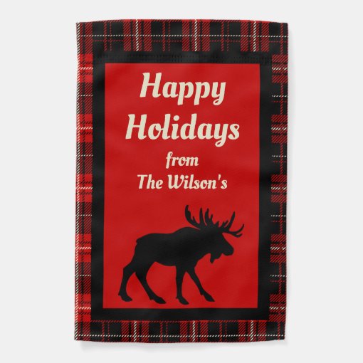 Personalized Red Black Plaid Black Moose Garden Flag | Zazzle