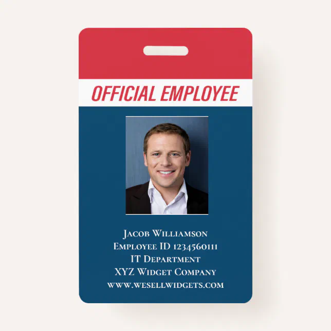 Personalized Red Blue Photo ID Employee Badge | Zazzle