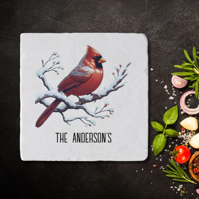 Personalized Red Cardinal Bird Snowy Tree Branch Trivet | Zazzle