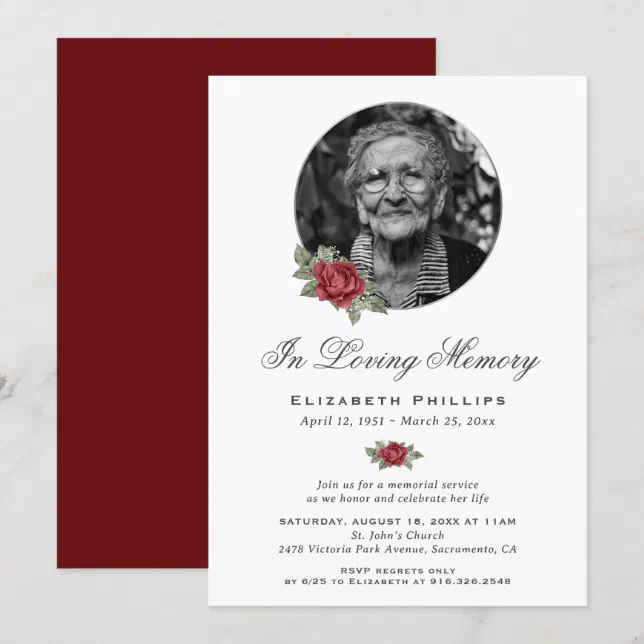 Personalized Red Floral Photo Memorial Service Invitation | Zazzle