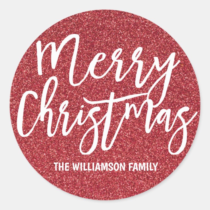 Personalized Red Glitter Merry Christmas Classic Round Sticker | Zazzle