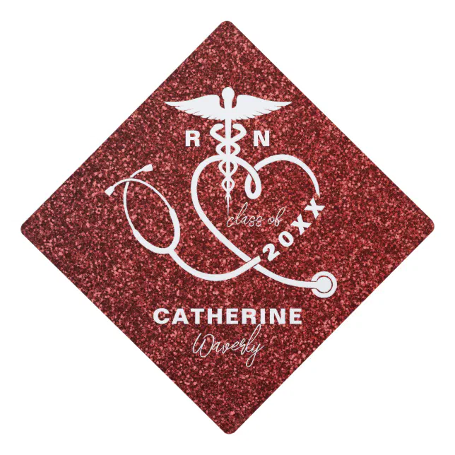 Personalized Red Glitter Nursing School RN Graduation Cap Topper | Zazzle