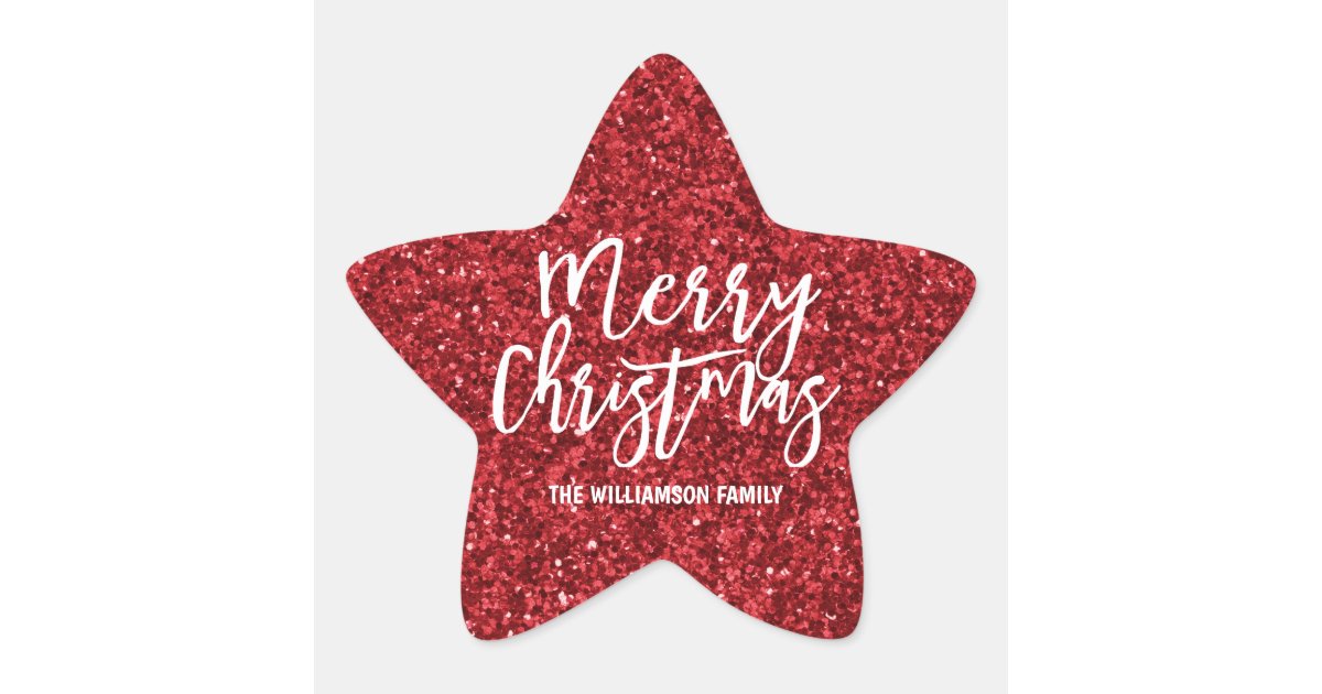 Personalized Red Glitter & White Merry Christmas Star Sticker | Zazzle