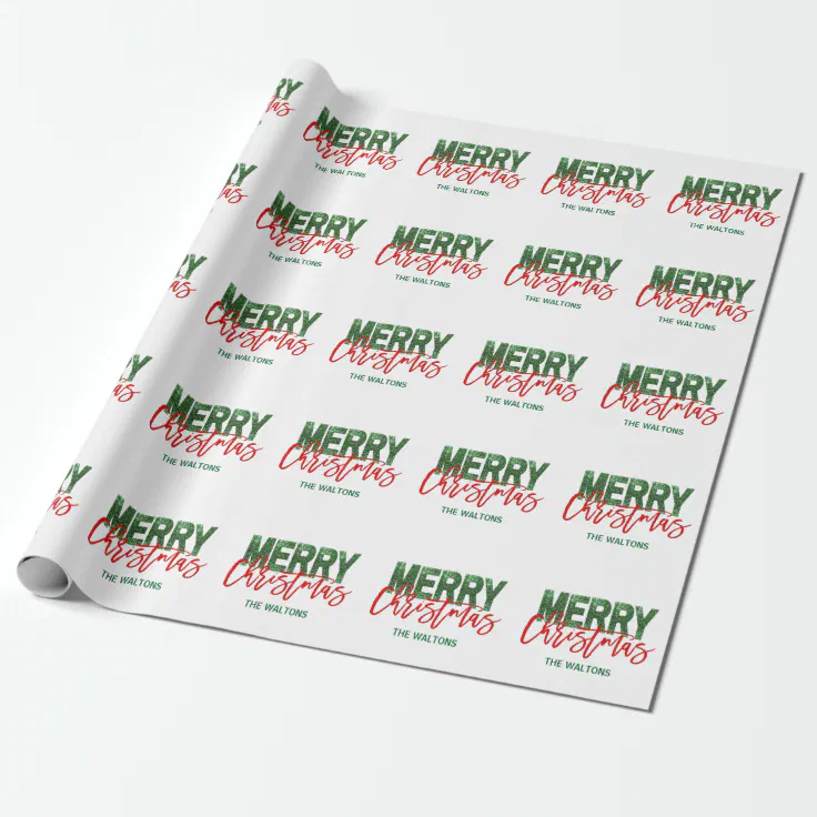 Personalized RED Green Glitter MERRY CHRISTMAS Wrapping Paper | Zazzle