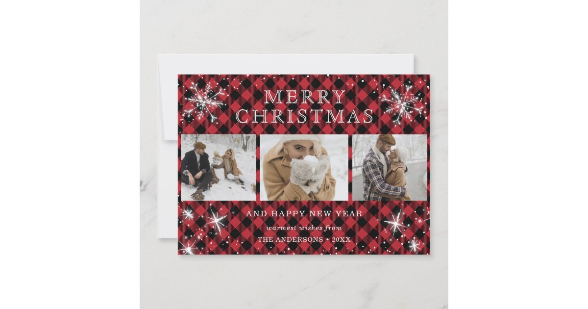 Personalized Red Plaid Snowflake 3 Photo Collage Holiday Card | Zazzle