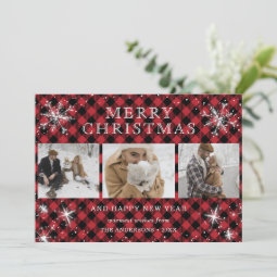 Personalized Red Plaid Snowflake 3 Photo Collage Holiday Card | Zazzle