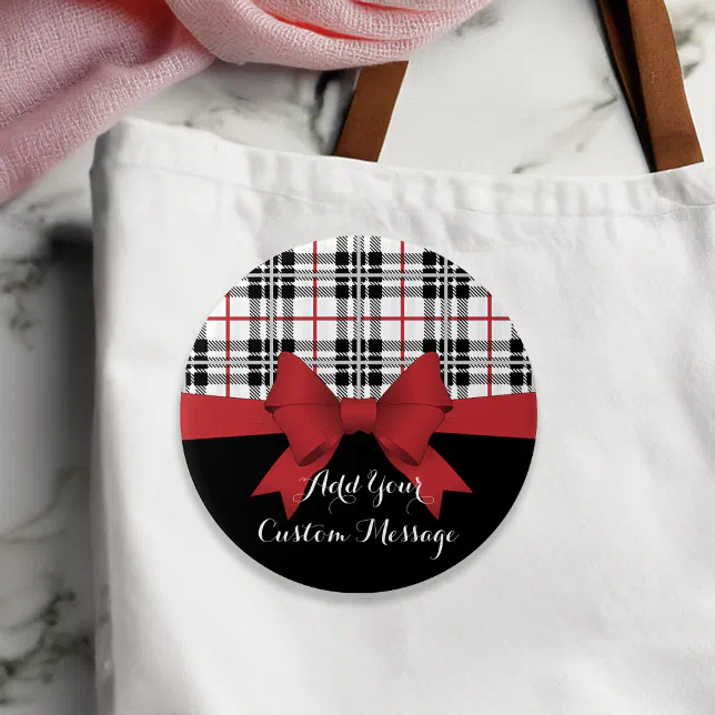 Personalized Red Ribbon and Tartan Plaid Pinback Button | Zazzle