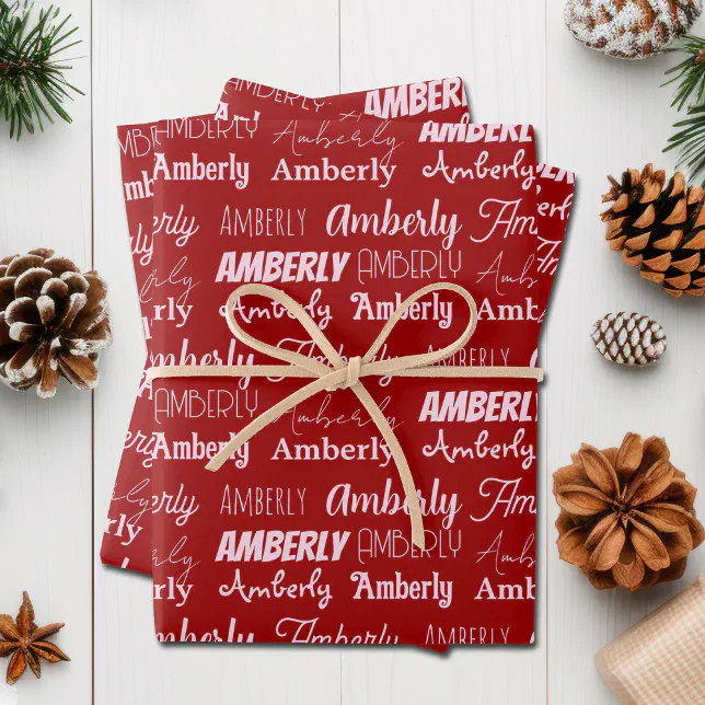 Personalized Red Typography Name Collage Christmas Wrapping Paper ...