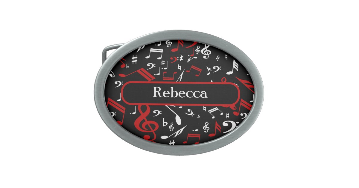 Personalized Red White and Black Musical Notes Belt Buckle | Zazzle