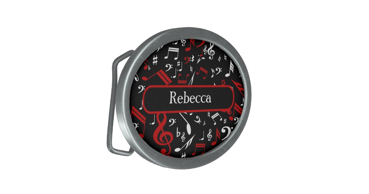 Personalized Red White and Black Musical Notes Belt Buckle | Zazzle