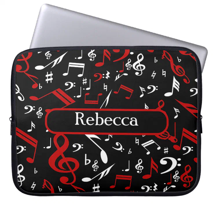 Personalized Red White and Black Musical Notes Laptop Sleeve | Zazzle